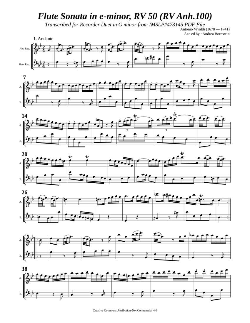 Vivaldi, A. _ Flute Sonata in e-minor, RV 50 [g-moll] Sheet Music for ...