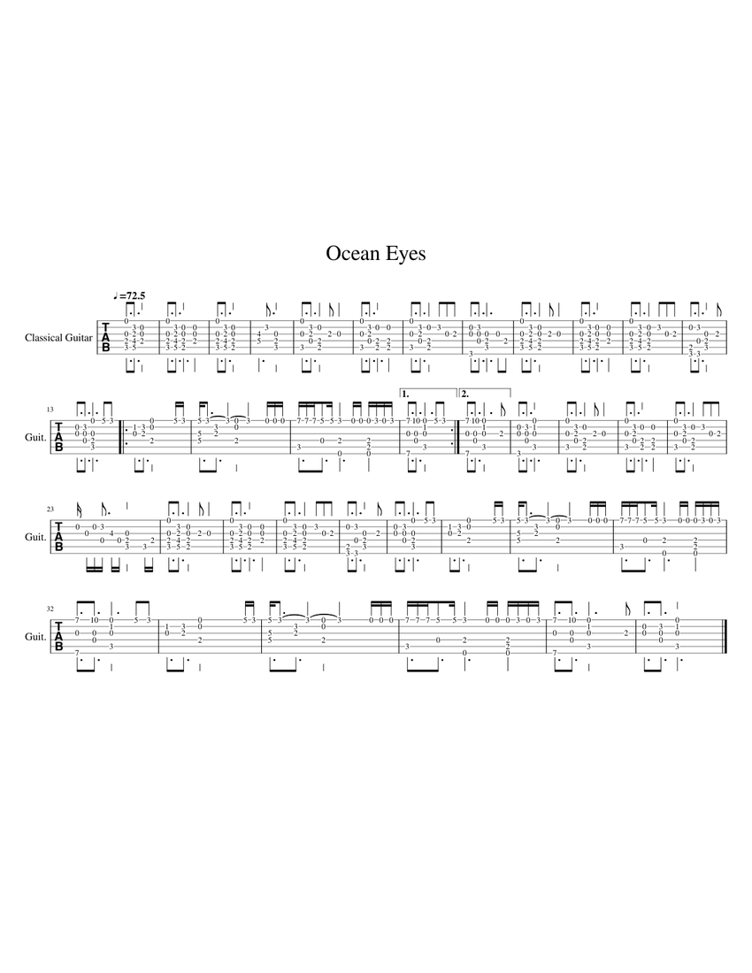 Ocean Eyes Guitar tab Sheet Music for Guitar (Solo) | MuseScore.com