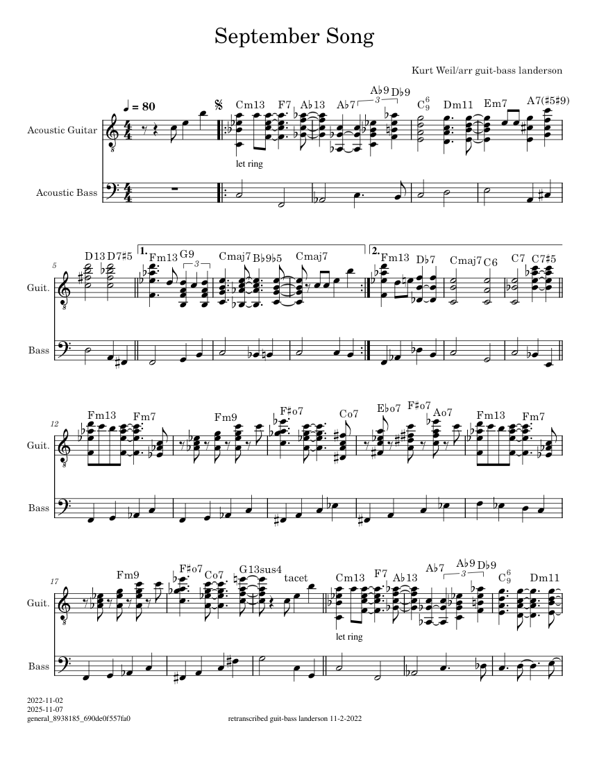 September song – Kurt Weill Sheet music for Guitar, Bass guitar (Solo ...
