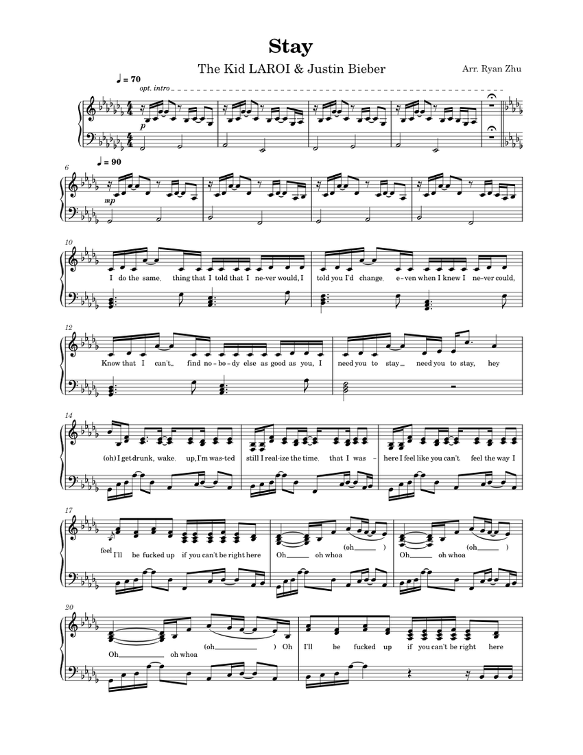 The Kid LAROI, Justin Bieber - STAY | Piano Arrangement Sheet Music for ...