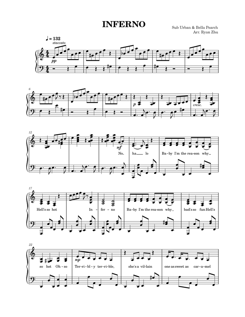 Sub Urban & Bella Poarch - INFERNO | Piano Arrangement Sheet Music for ...