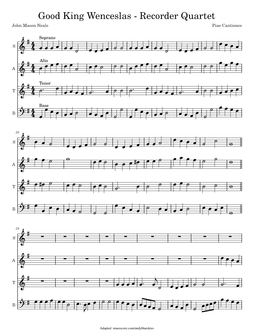Good King Wenceslas - Recorder Quartet Sheet Music for Recorder ...