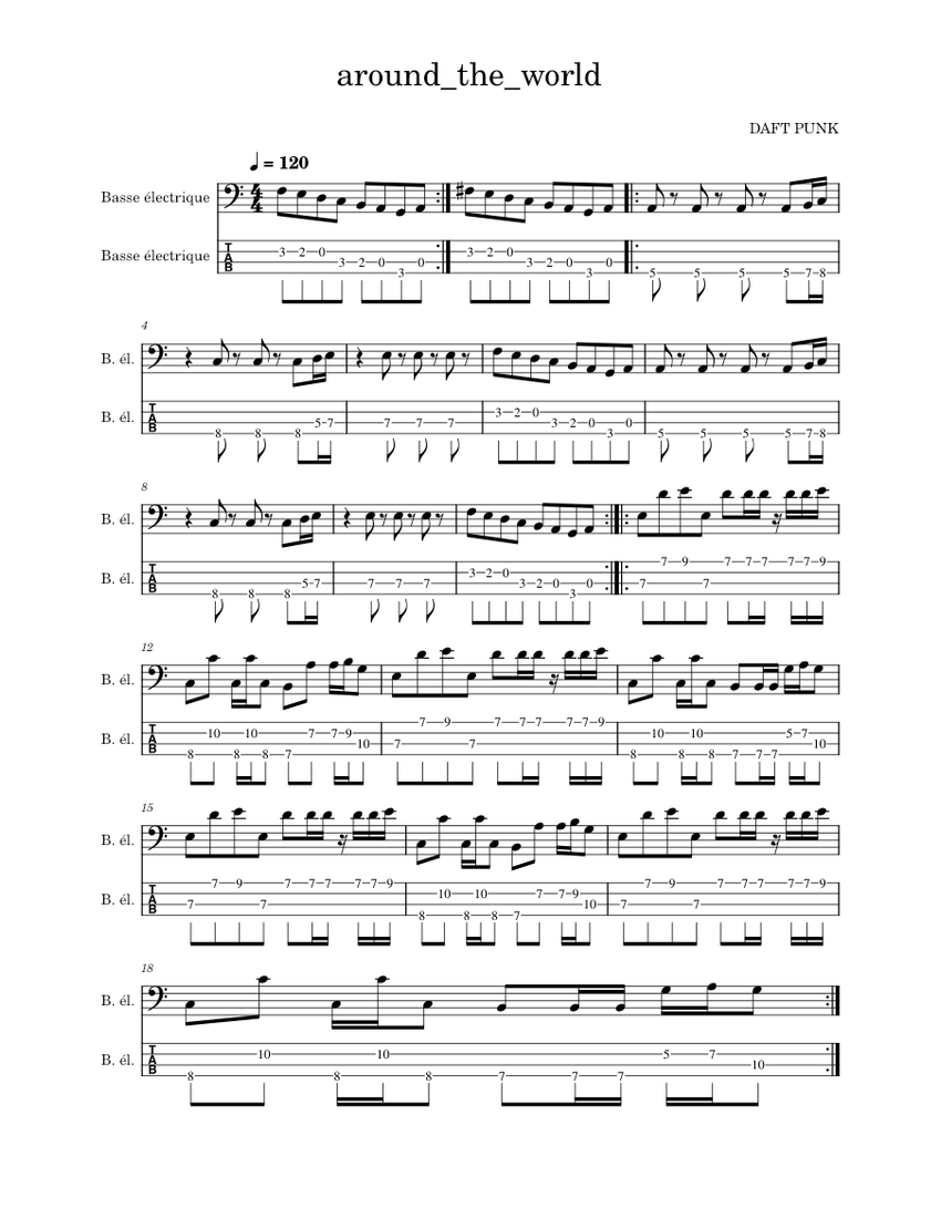 Around the world Sheet Music for Bass guitar (Mixed Duet) | MuseScore.com