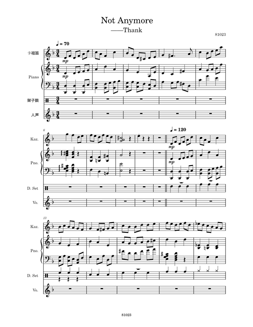 Not Anymore Sheet music for Piano, Vocals, Kazoo, Drum group (Mixed ...