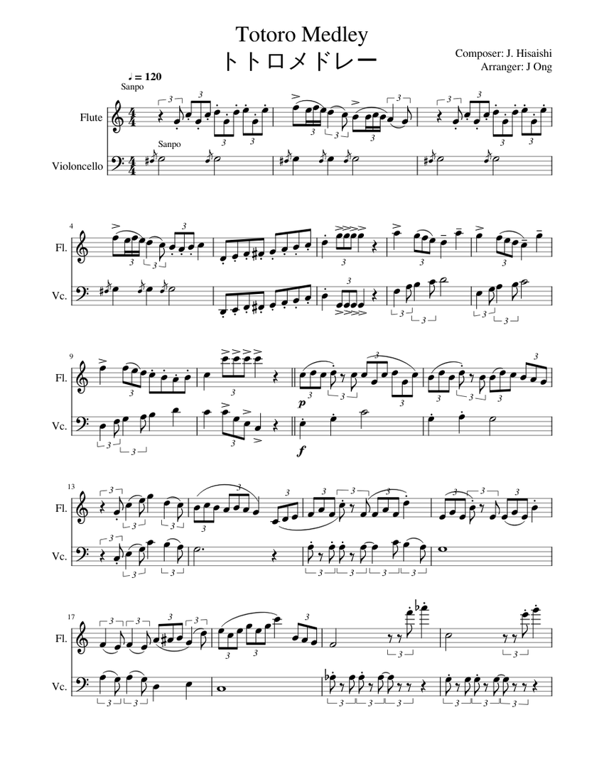Totoro 7 song Medley duet Sheet music for Flute, Cello (Mixed Duet ...