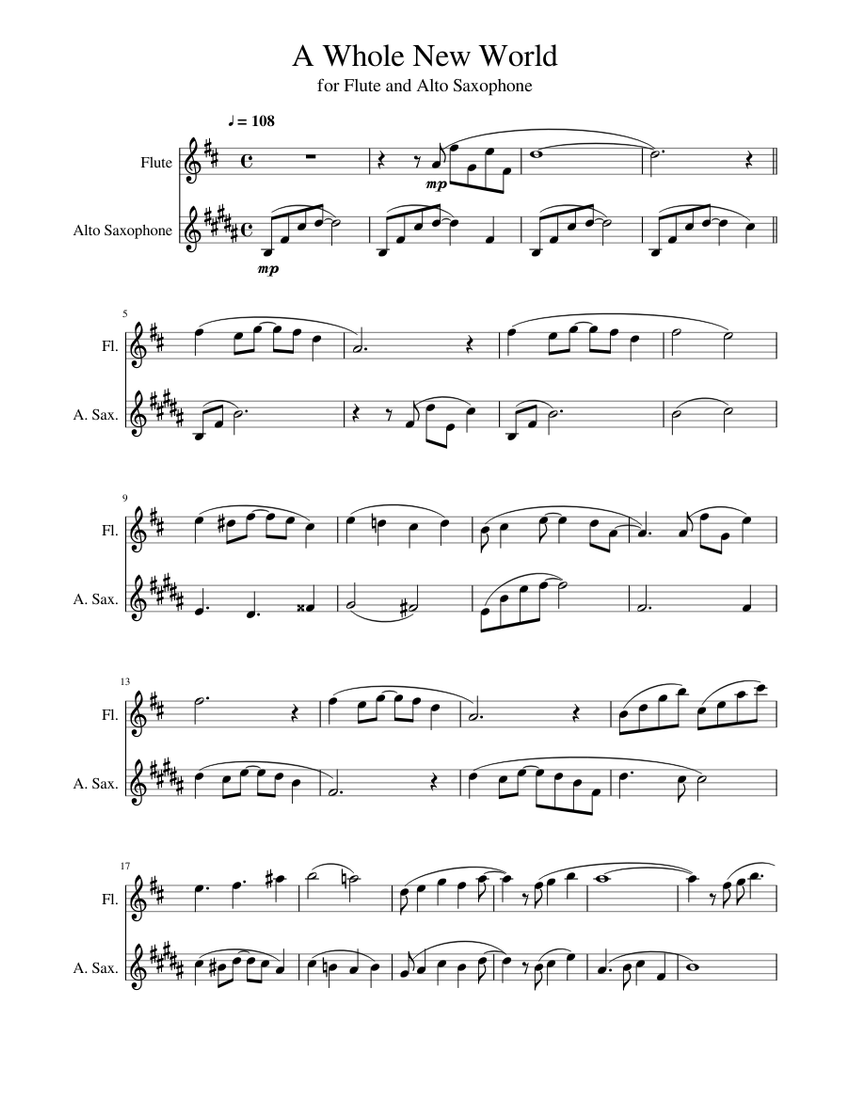 A Whole New World - Alan Menken Sheet Music for Flute, Saxophone alto (Woodwind Duet ...