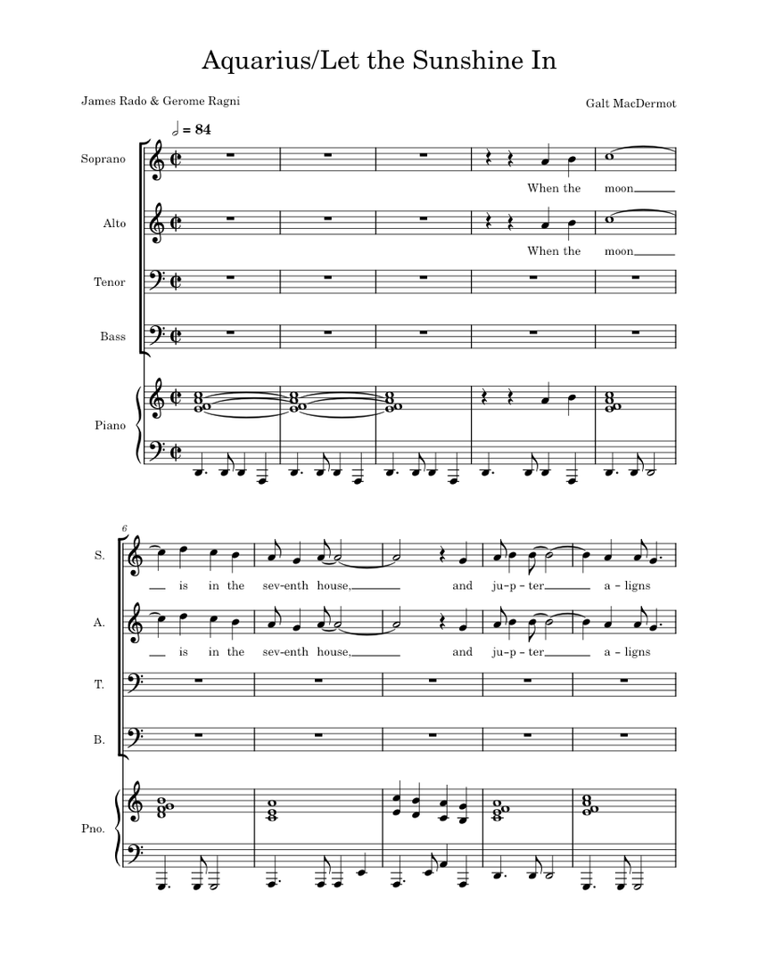 Aquarius let the sunshine in – The 5th Dimension Sheet music for Piano ...