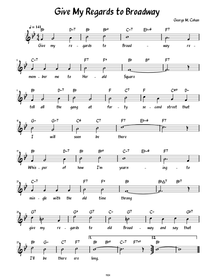 Give My Regards To Broadway (Lead sheet with lyrics ) Sheet Music with ...