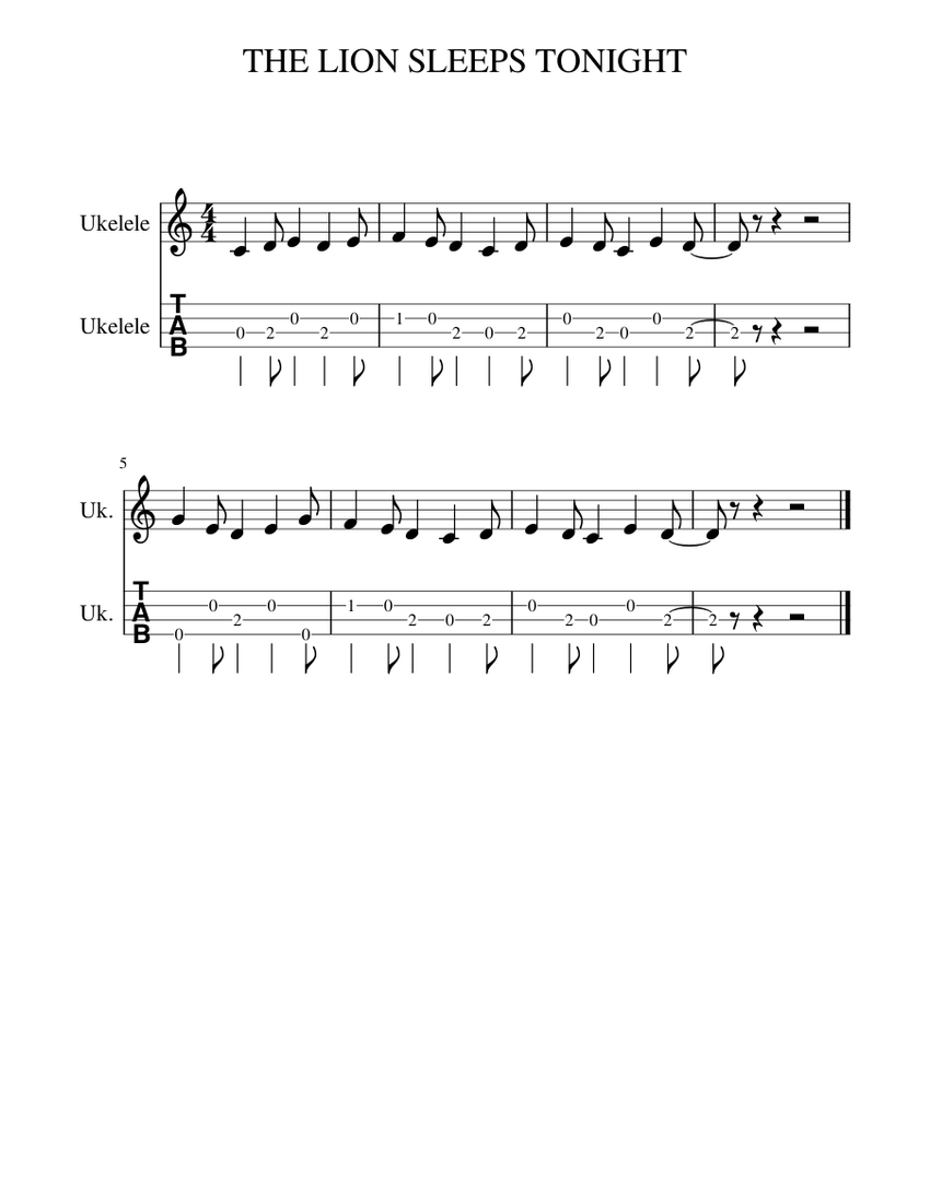 THE LION SLEEPS TONIGHT Sheet music for Ukulele (Mixed Duet ...