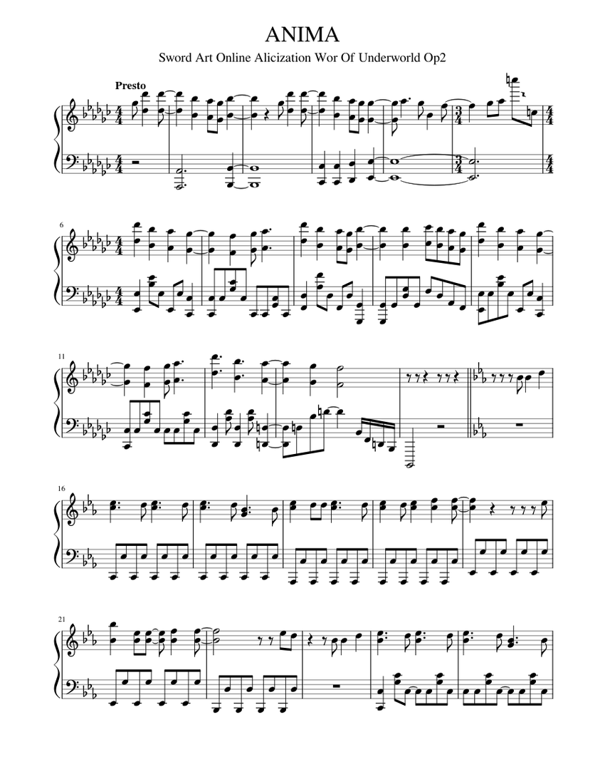 Sword Art Online Alicization War of underworld Op2 ANIMA Sheet music ...