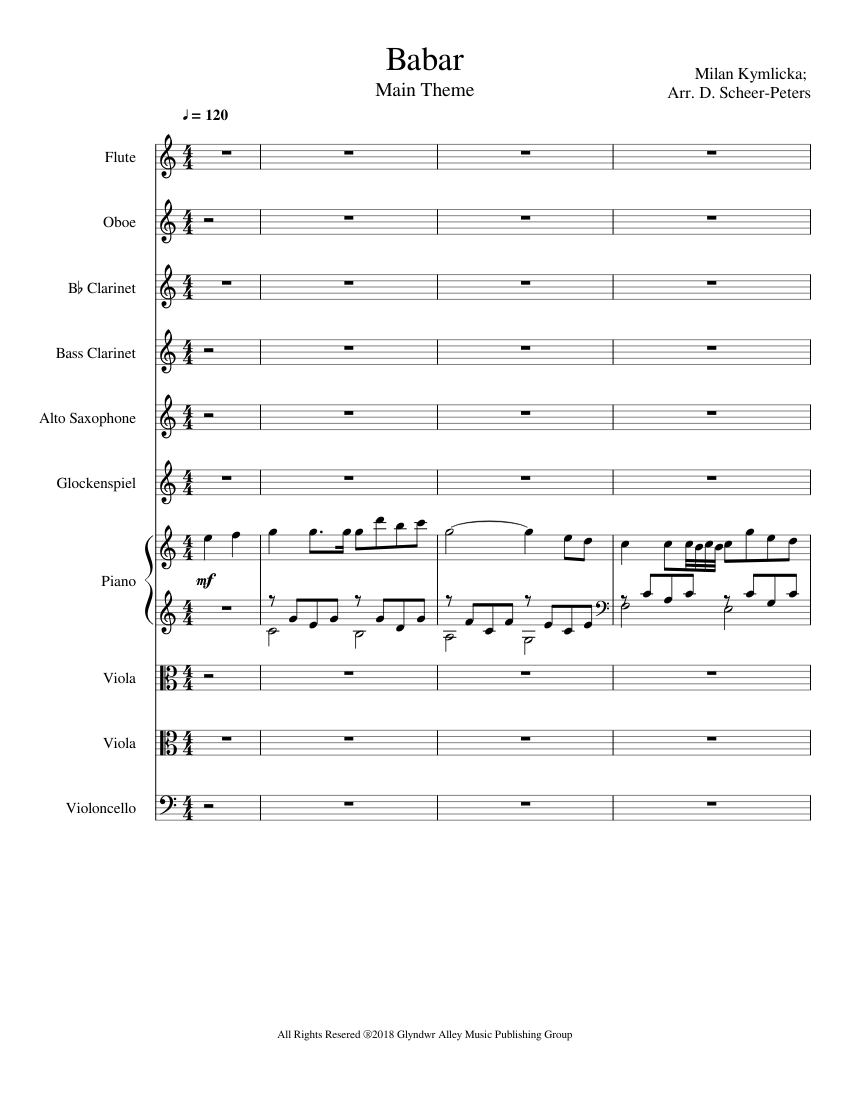 The Main Theme from Babar Sheet Music for Piano, Flute, Oboe, Clarinet ...