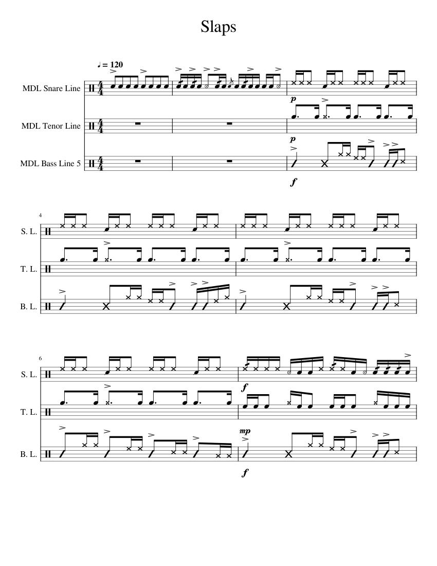 Slaps Sheet music for Snare drum, Tenor drum, Bass drum (Marching Band ...