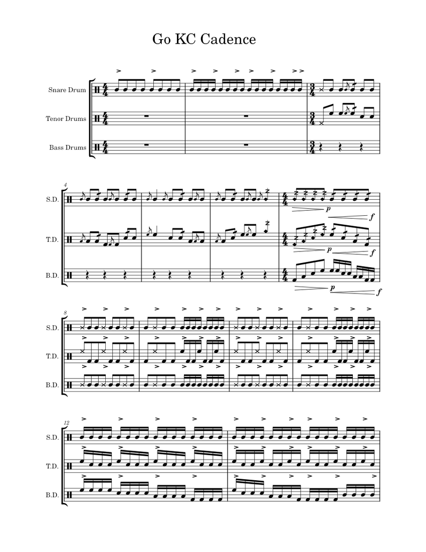 GO KC CADENCE Sheet music for Snare drum, Tenor drum, Bass drum ...