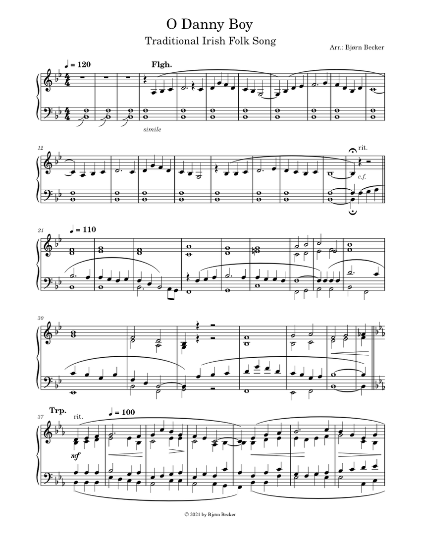 O Danny Boy – Traditional Sheet Music for Piano (Brass Ensemble) Easy ...