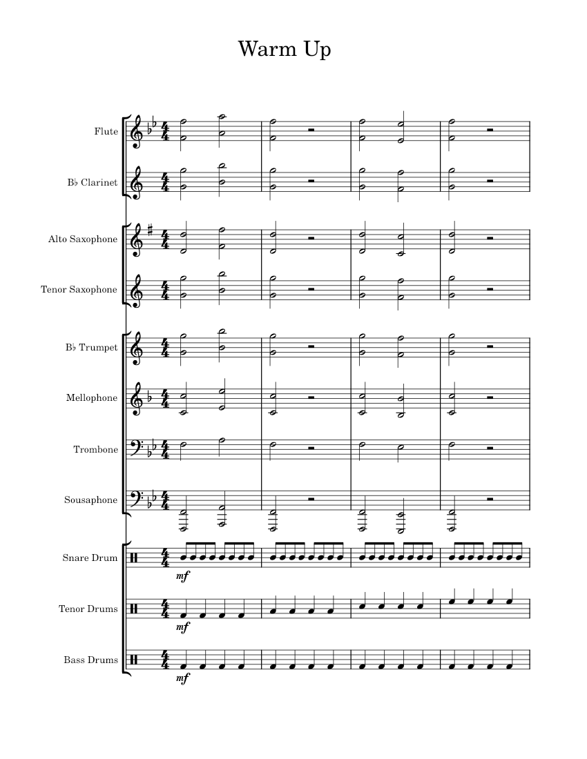 Full Marching Band Warm Up Sheet Music for Trombone, Mellophone, Flute ...