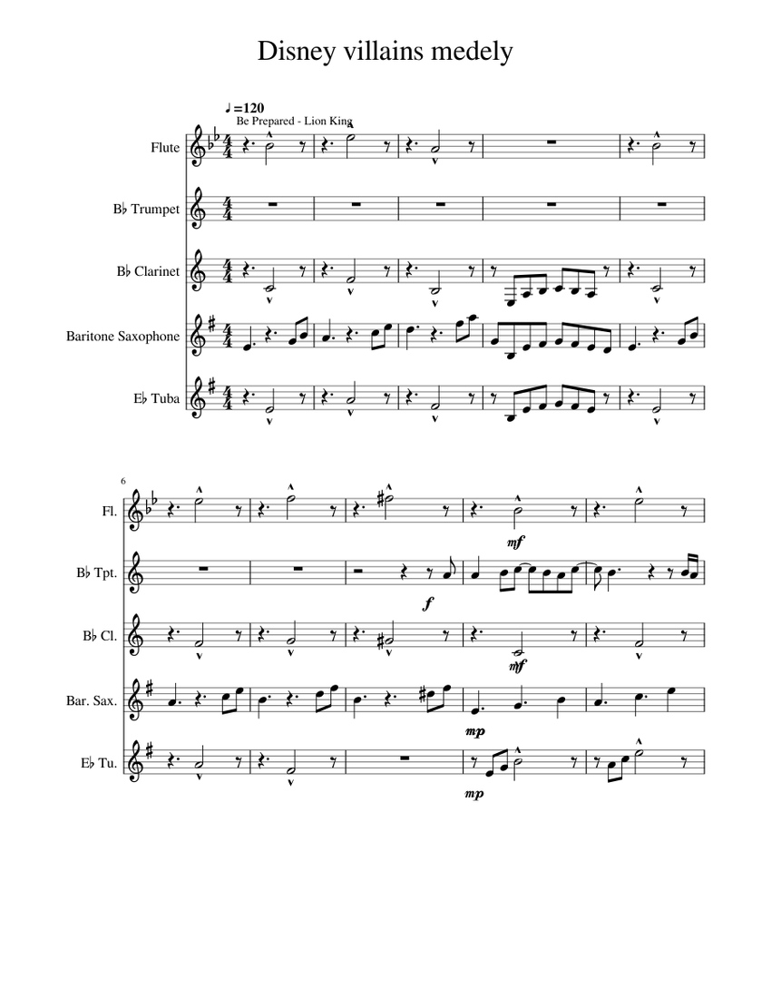 Disney villains medely Sheet Music for Tuba, Flute, Clarinet in b-flat ...