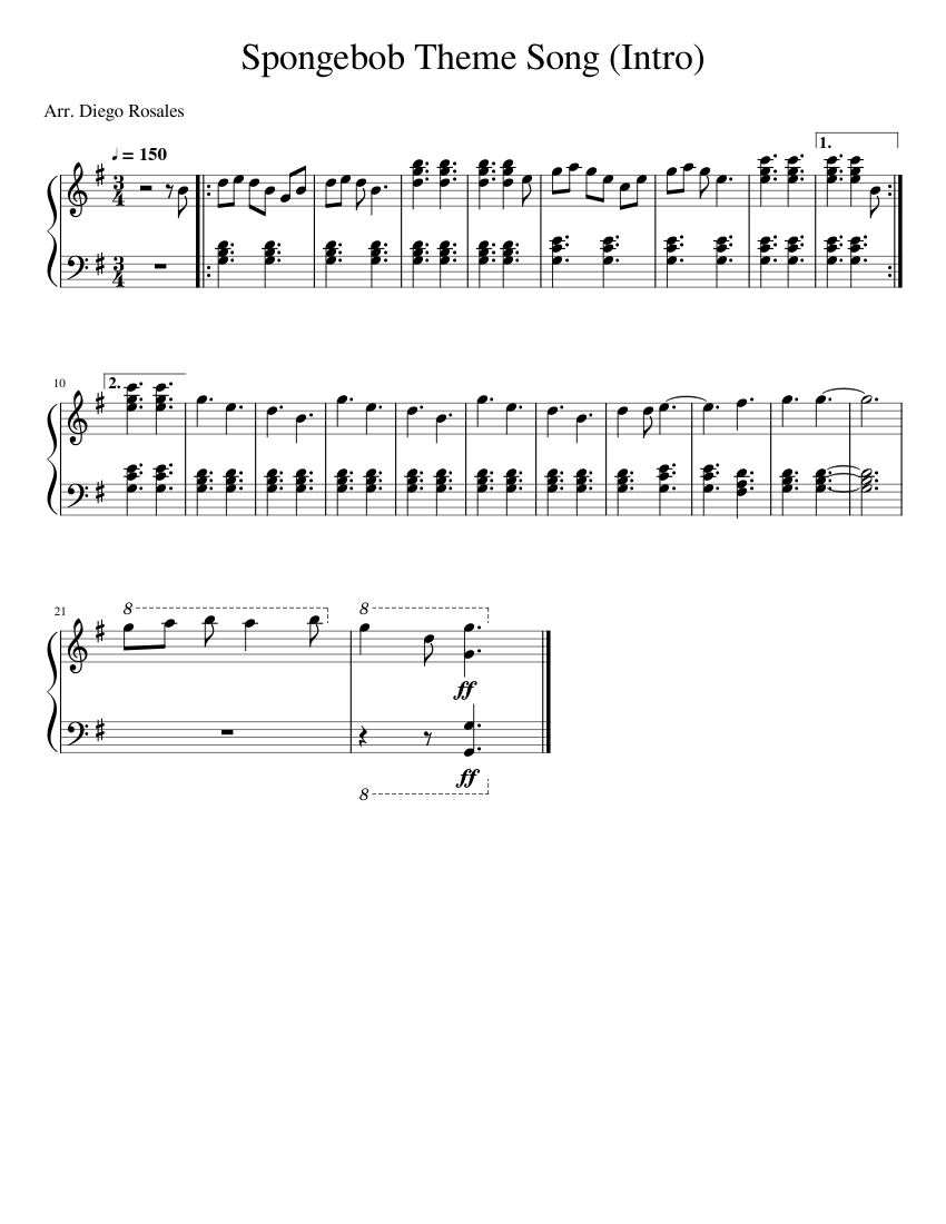 Spongebob Theme Song Intro Sheet Music for Piano (Solo) easy ...