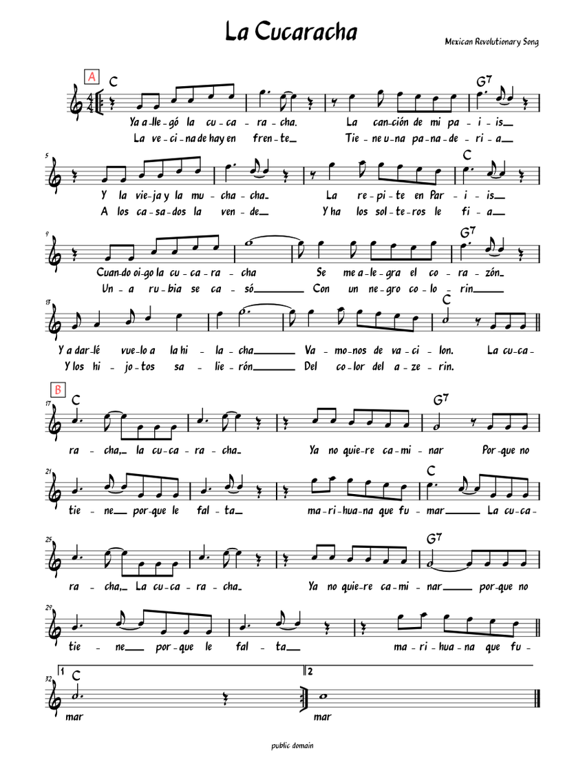 La Cucaracha (Lead sheet with Spanish lyrics ) Sheet music for Piano ...