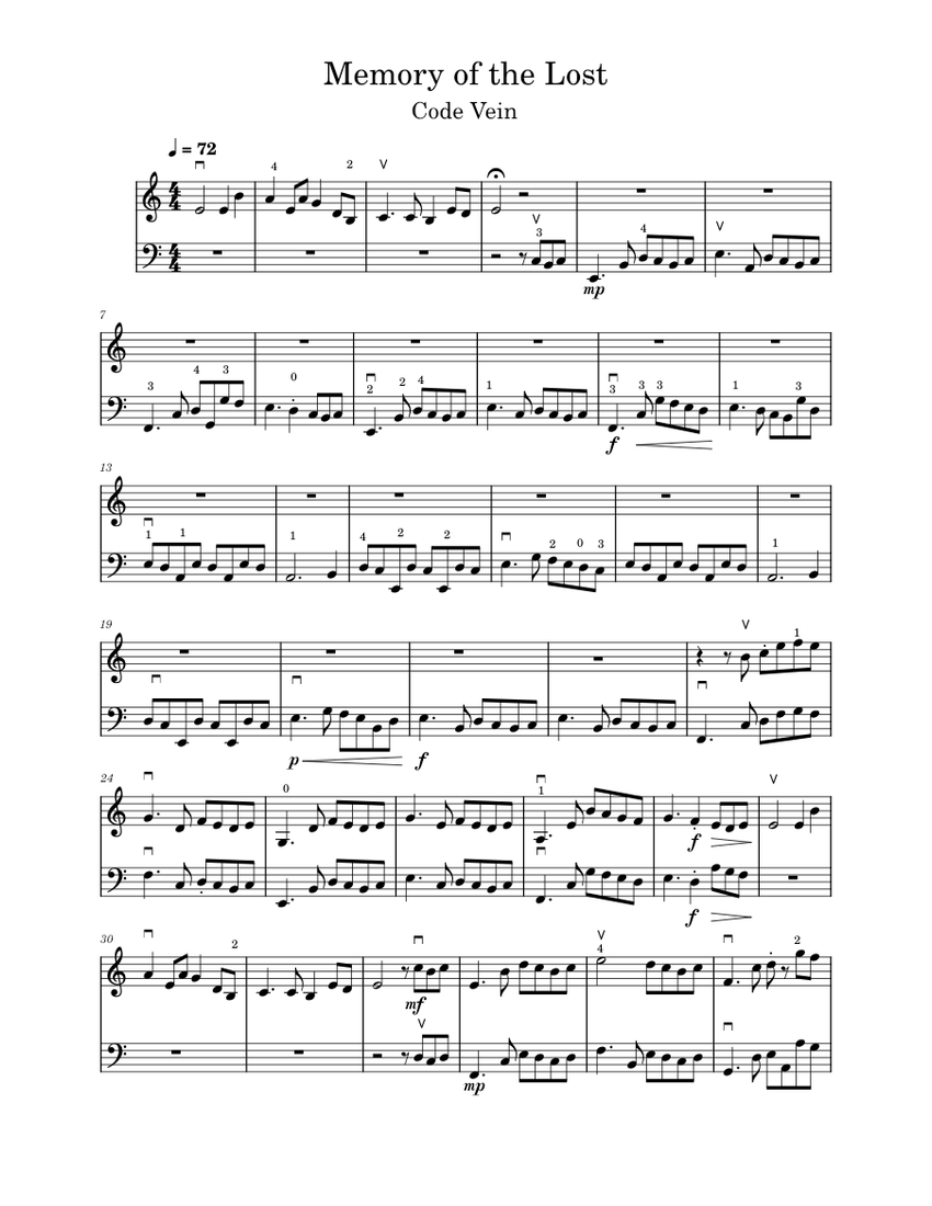 Memory of the lost – Code Vein Sheet Music for Piano (String Duet ...