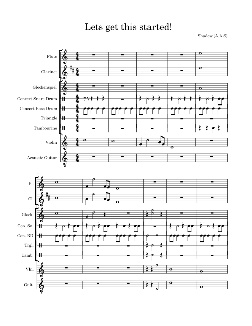 Lets get this started! Sheet Music for Tambourine, Flute, Glockenspiel, Snare drum & more ...