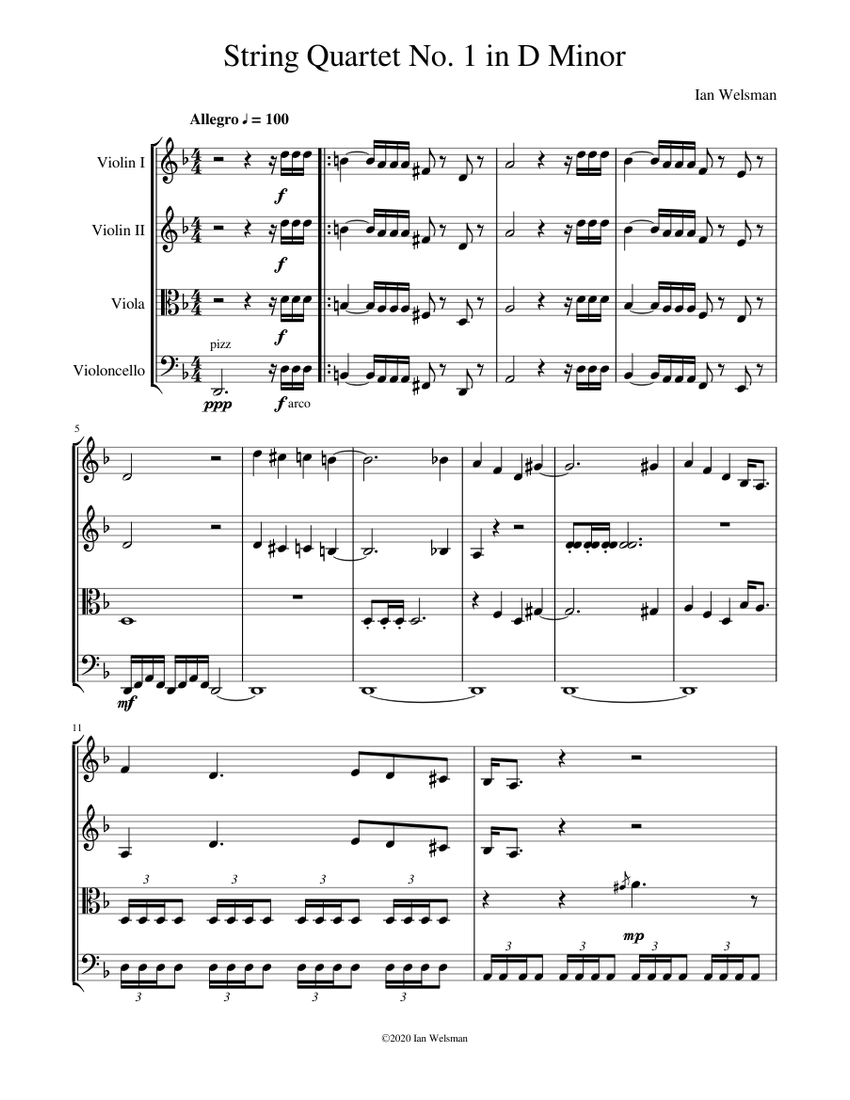 String Quartet No. 1 in D Minor Sheet music for Violin, Viola, Cello ...