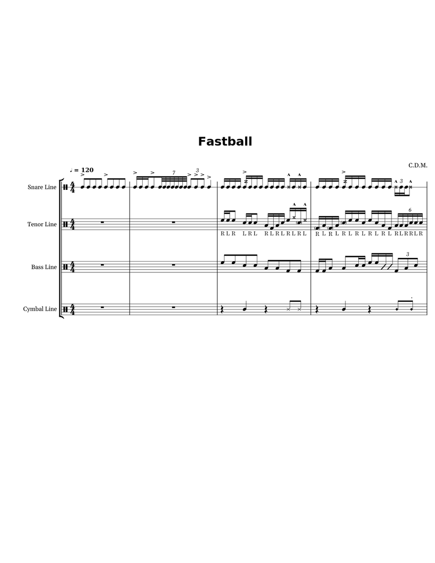 Fastball - C.D.M. Sheet music for Snare drum, Crash, Tenor drum, Bass ...