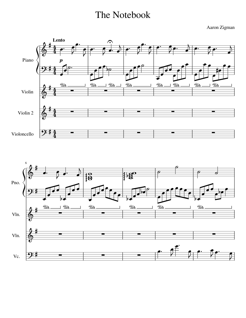 The Notebook Theme – Aaron Zigman Sheet Music for Piano, Violin, Cello ...