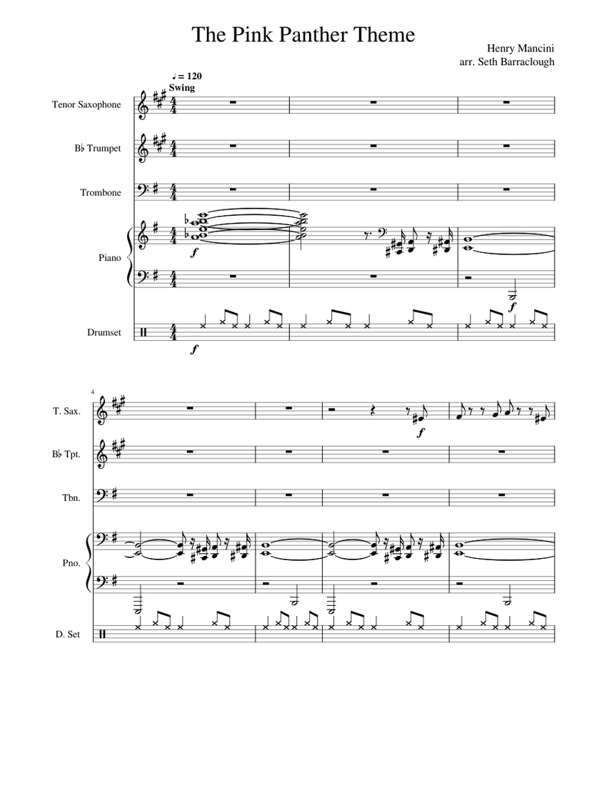 The Pink Panther Theme Sheet Music for Piano, Trombone, Saxophone tenor ...