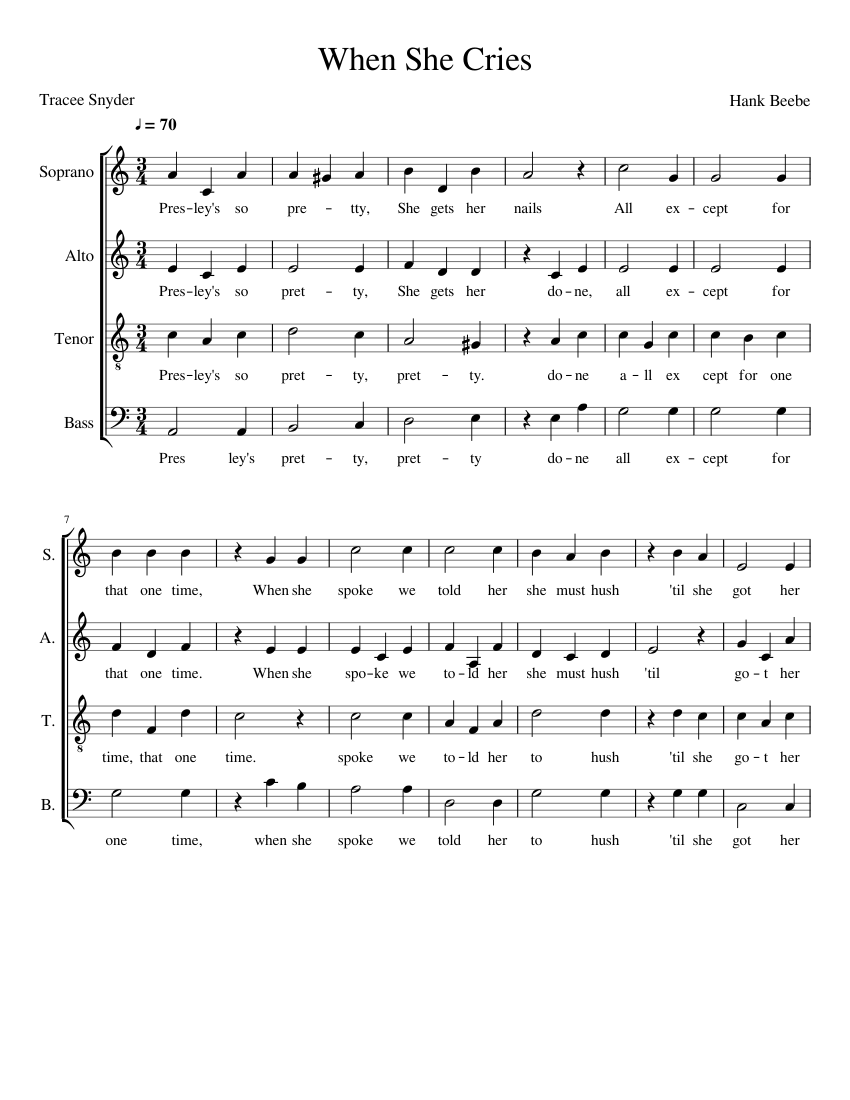 When She Cries Sheet Music for Soprano, Alto, Tenor, Bass voice (Choral ...