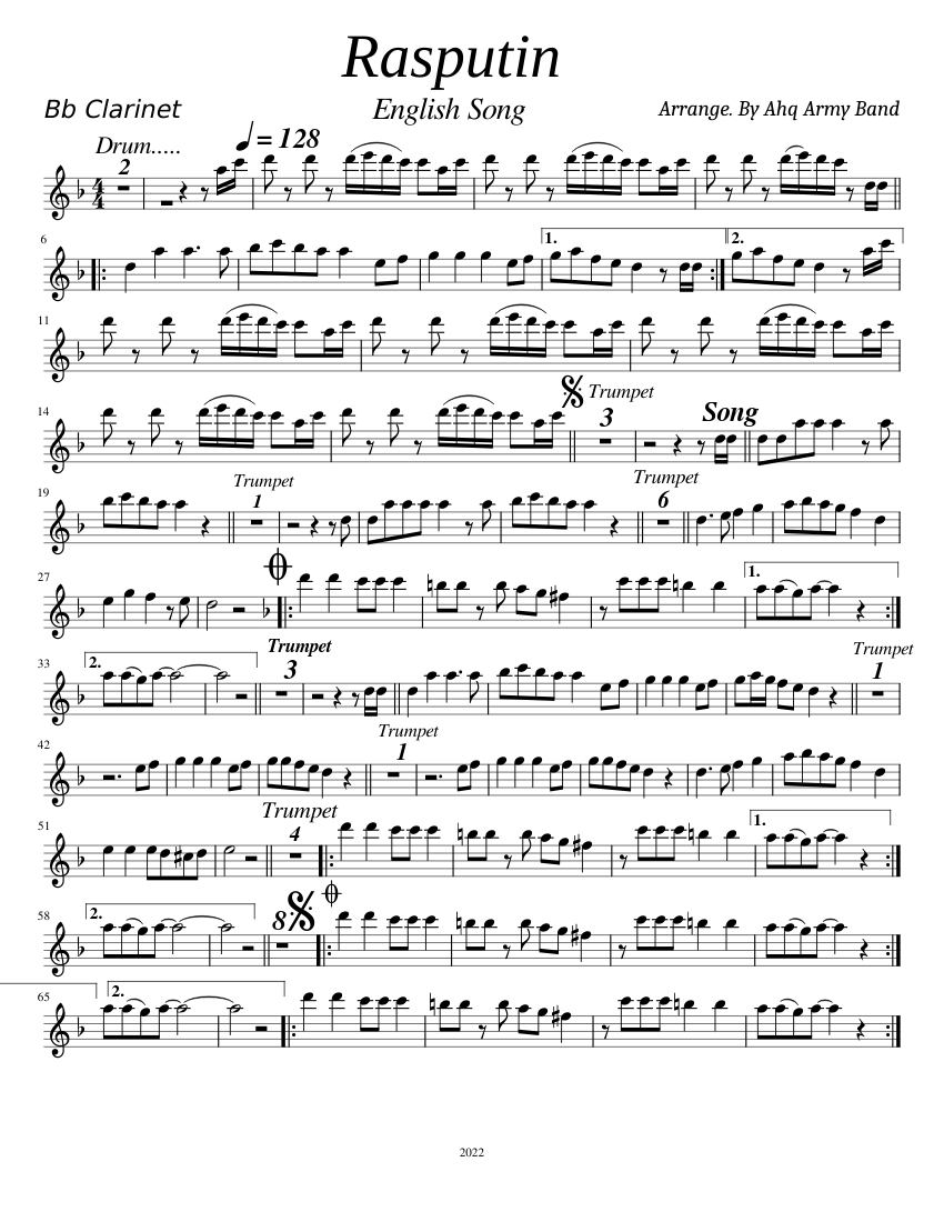 Rasputin !! Bb Clarinet. Sheet Music for Piano (Brass Band (New Orleans ...