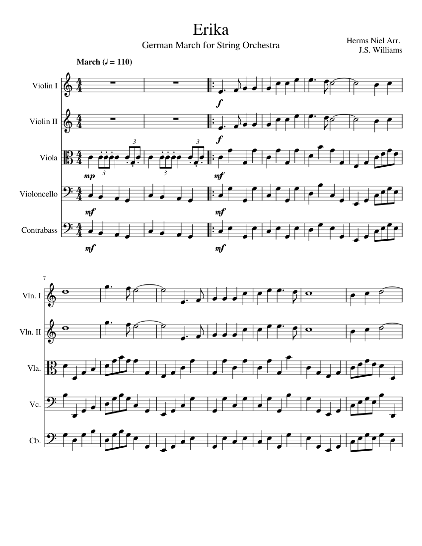 Erika Sheet Music for Contrabass, Violin, Viola, Cello (String Quintet ...