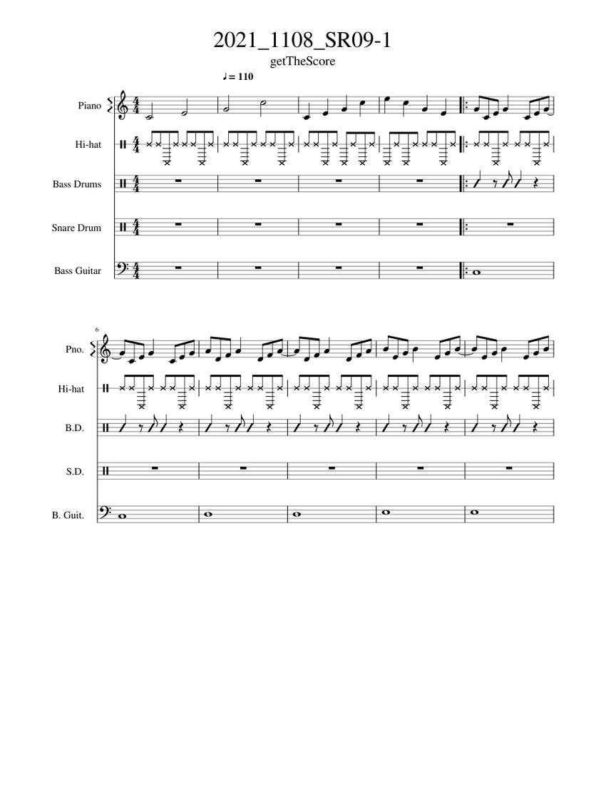 2021_1108_SR09-1 Sheet music for Piano, Snare drum, Bass guitar, Bass drum & more instruments ...