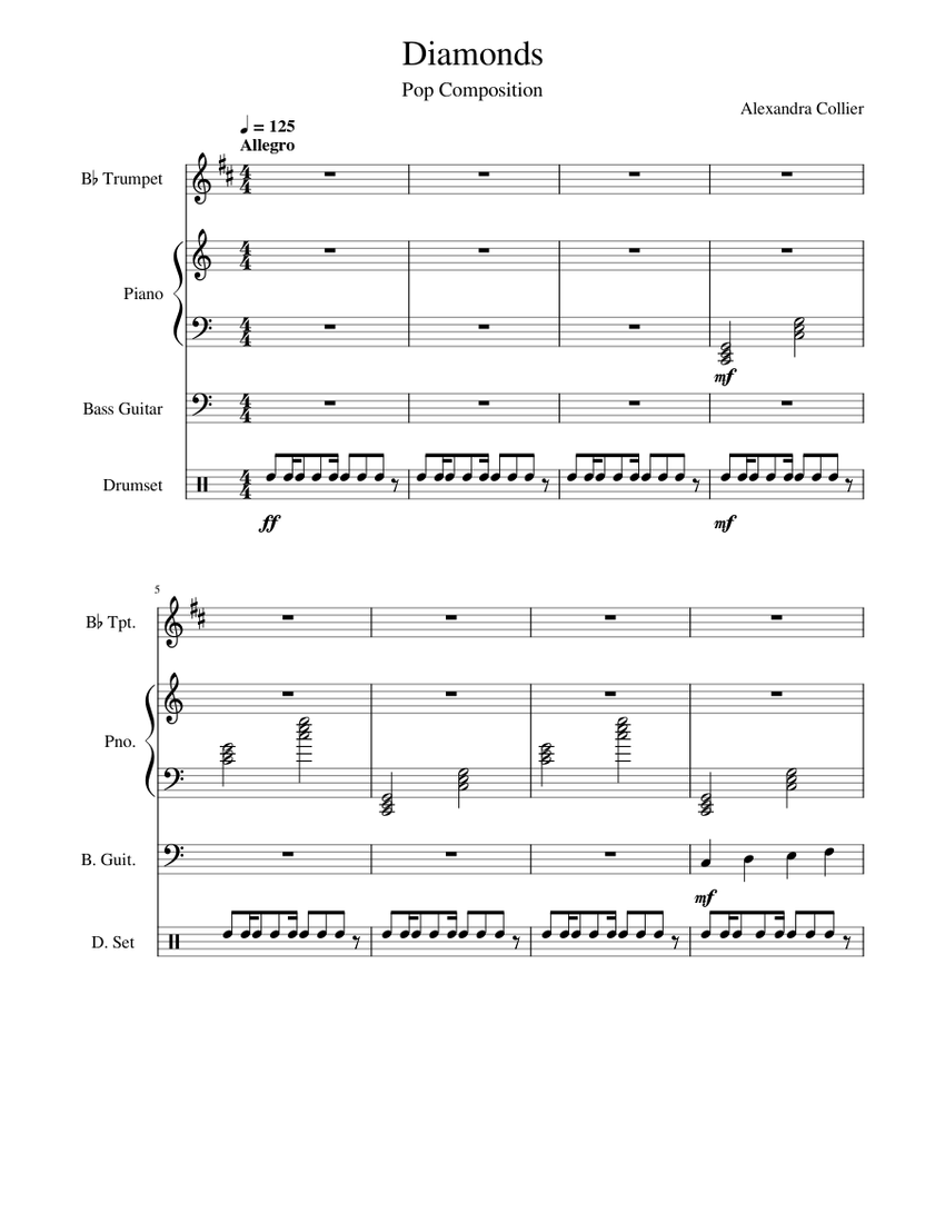 Diamonds Sheet music for Piano, Trumpet in b-flat, Bass guitar, Drum ...