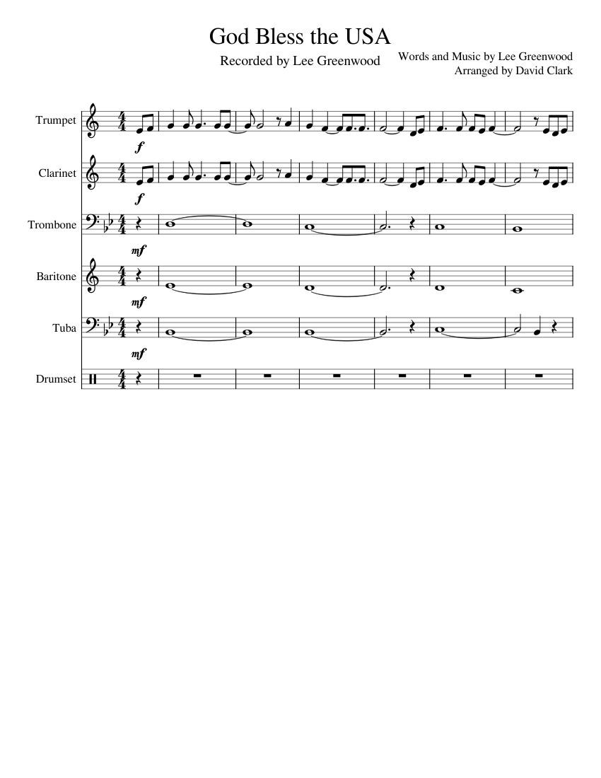 God Bless the USA - Lee Greenwood Sheet music for Trombone, Tuba, Drum ...