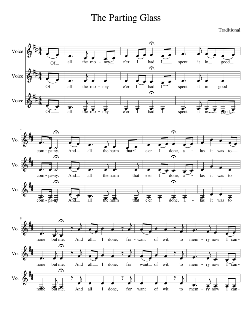 The Parting Glass Sheet Music for Vocals (Choral) | MuseScore.com