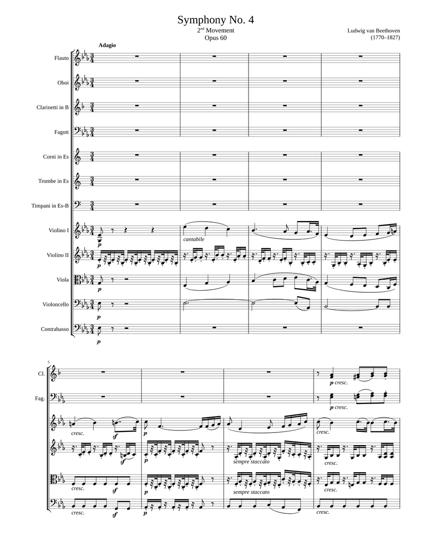 Symphony No. 4, 2nd Movement Sheet Music for Flute, Oboe, Clarinet in b-flat, Bassoon & more ...