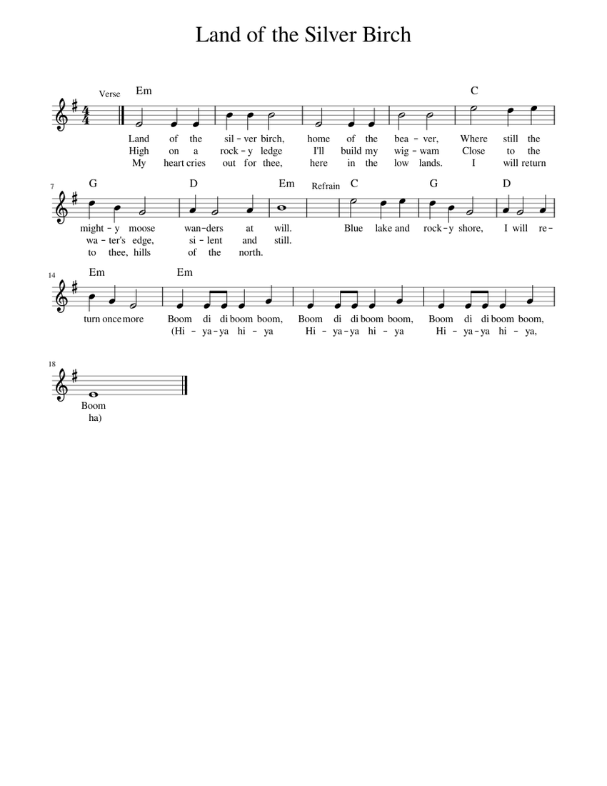 Land of the Silver Birch Sheet Music with Chords for Piano (Solo) easy ...