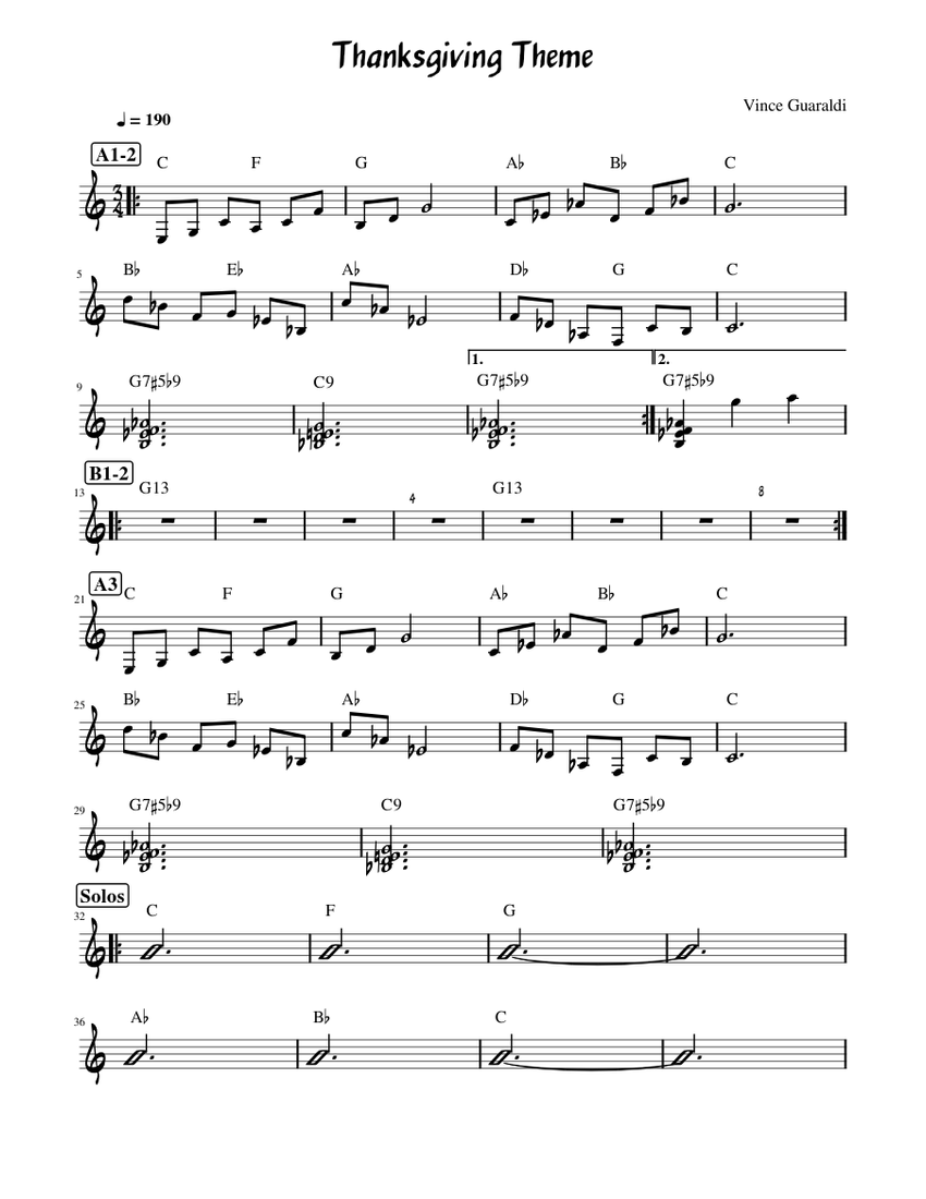 Thanksgiving Theme - Lead Sheet Sheet Music with Chords for Piano (Solo ...