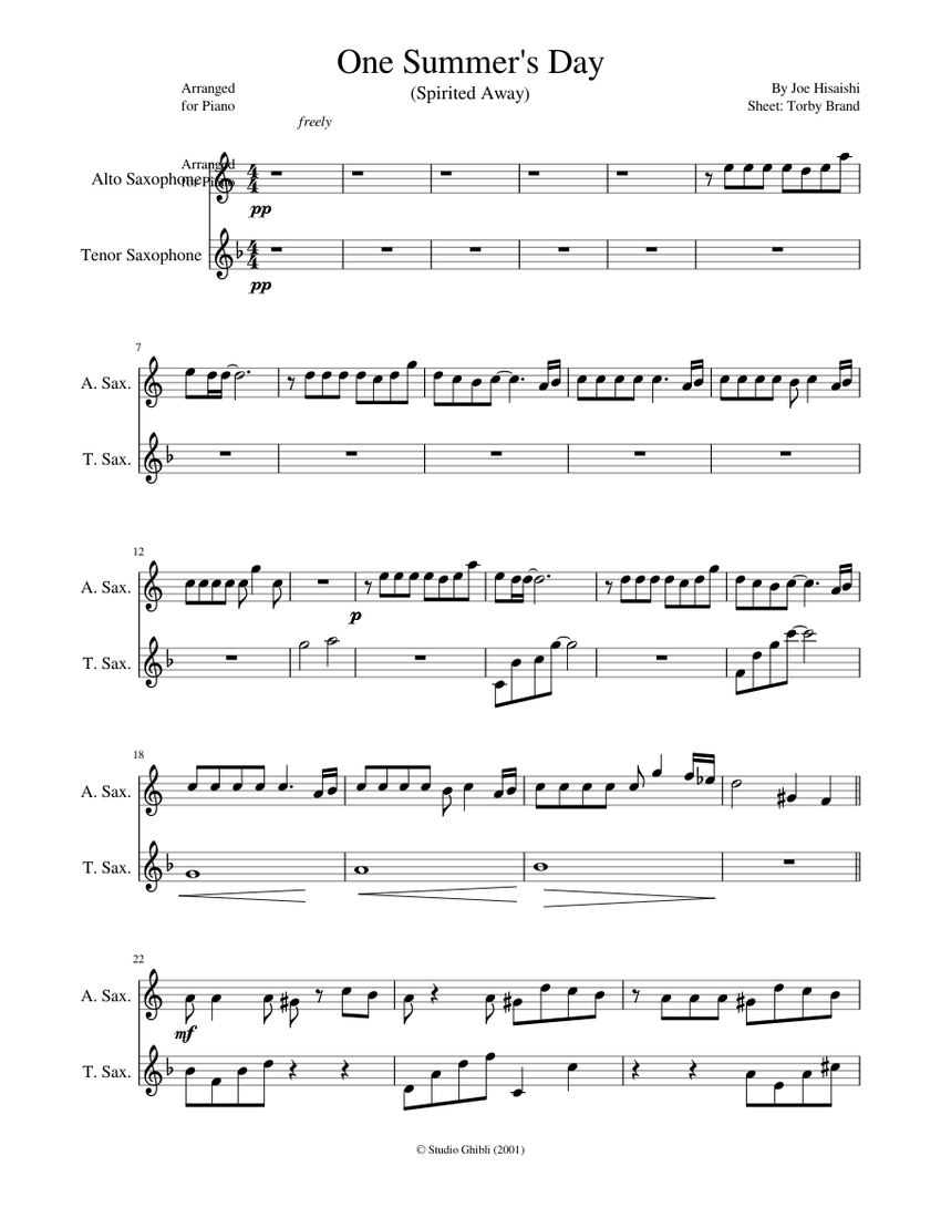 One Summer's Day Sheet Music for Saxophone alto, Saxophone tenor ...