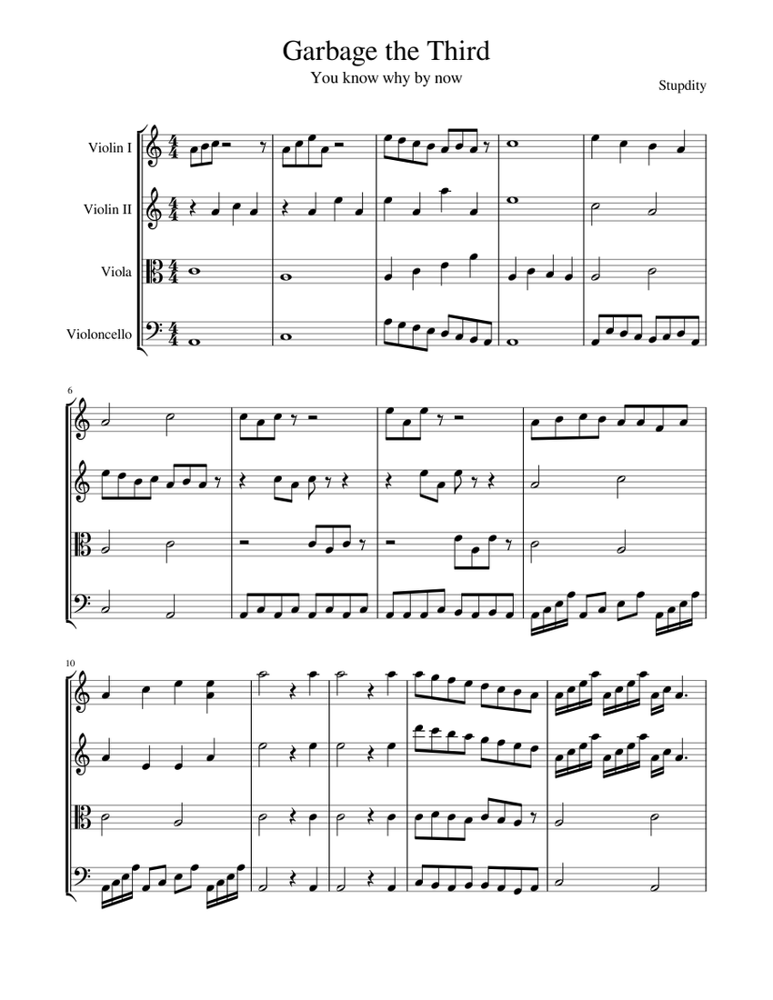 Garbage the Third Sheet music for Violin, Viola, Cello (String Quartet ...