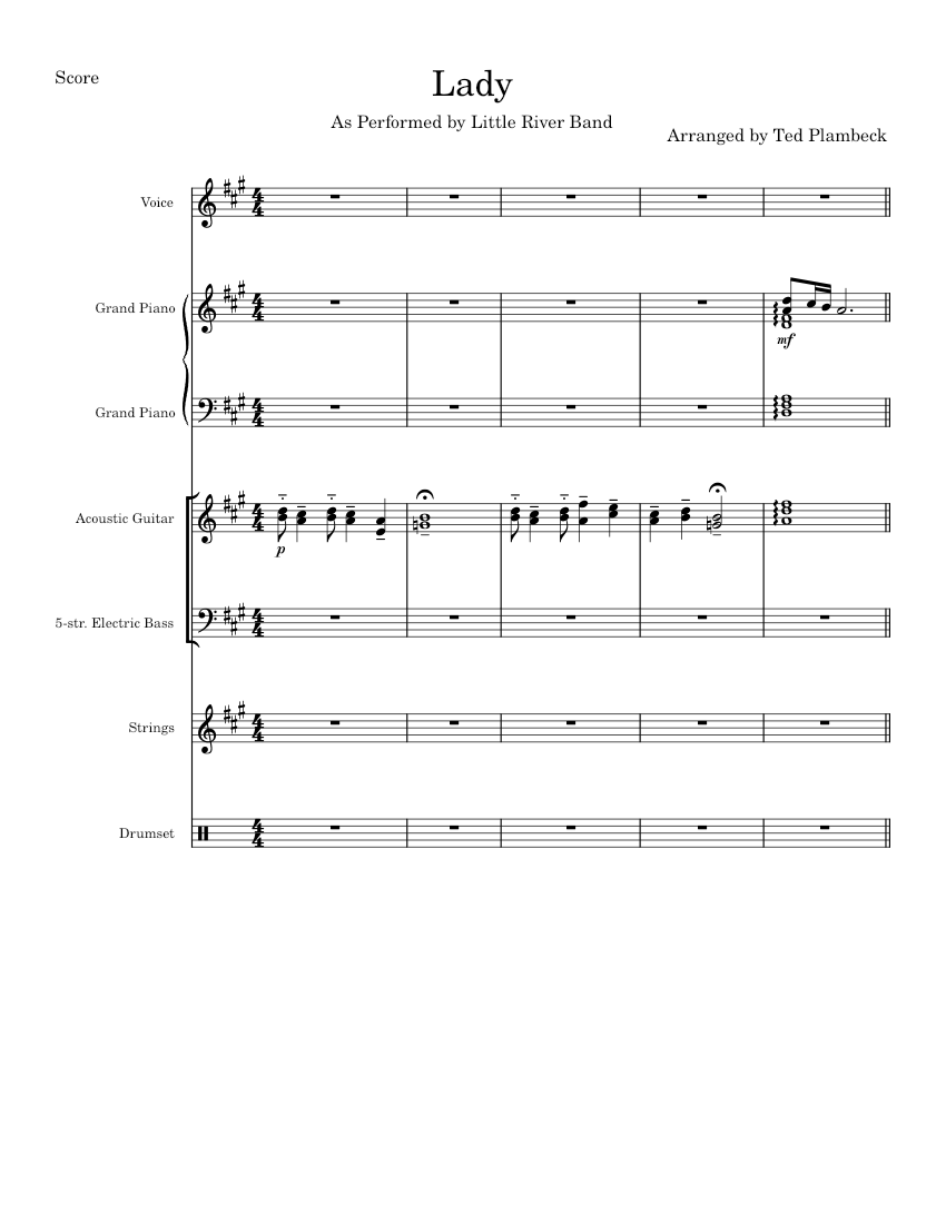 Lady (Original Key of A) – Little River Band Sheet Music for Piano ...