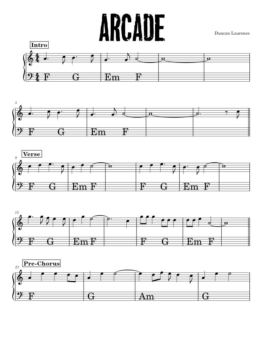 Arcade – Duncan Laurence Sheet Music with Chords for Piano (Solo) easy ...