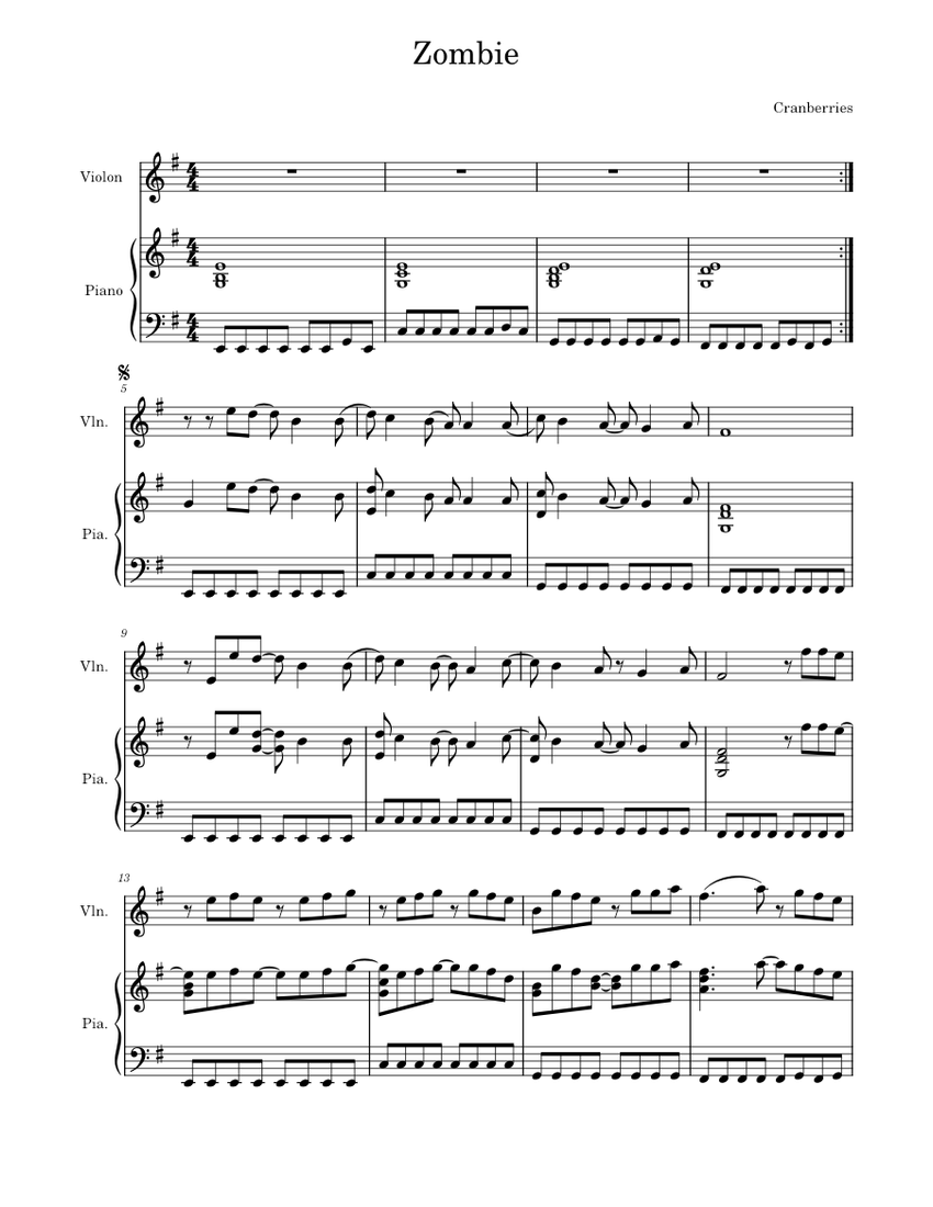 Zombie – The Cranberries Sheet music for Piano, Violin (Solo ...