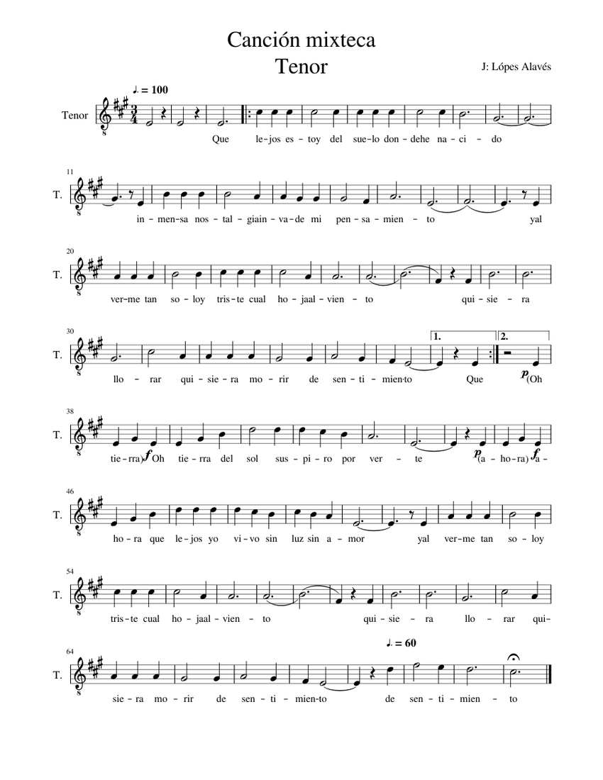 Canción mixteca Tenor Sheet music for Soprano, Alto, Tenor, Bass voice ...