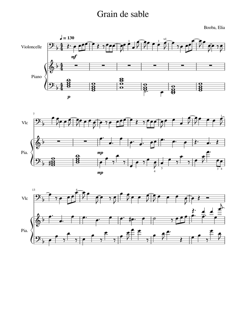 Grain De Sable – Booba, Elia, Paul Redon Sheet music for Piano, Cello ...