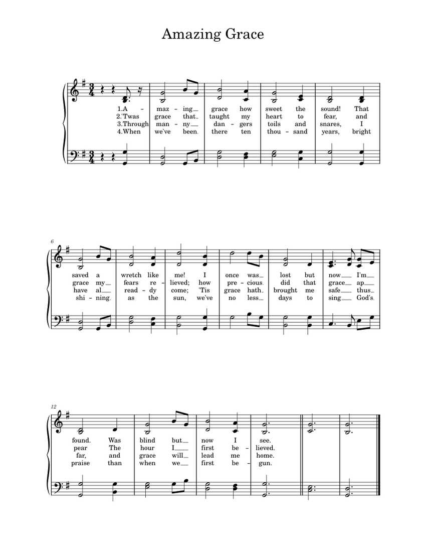 Amazing Grace Strophic form Sheet Music for Piano (Solo) Easy ...