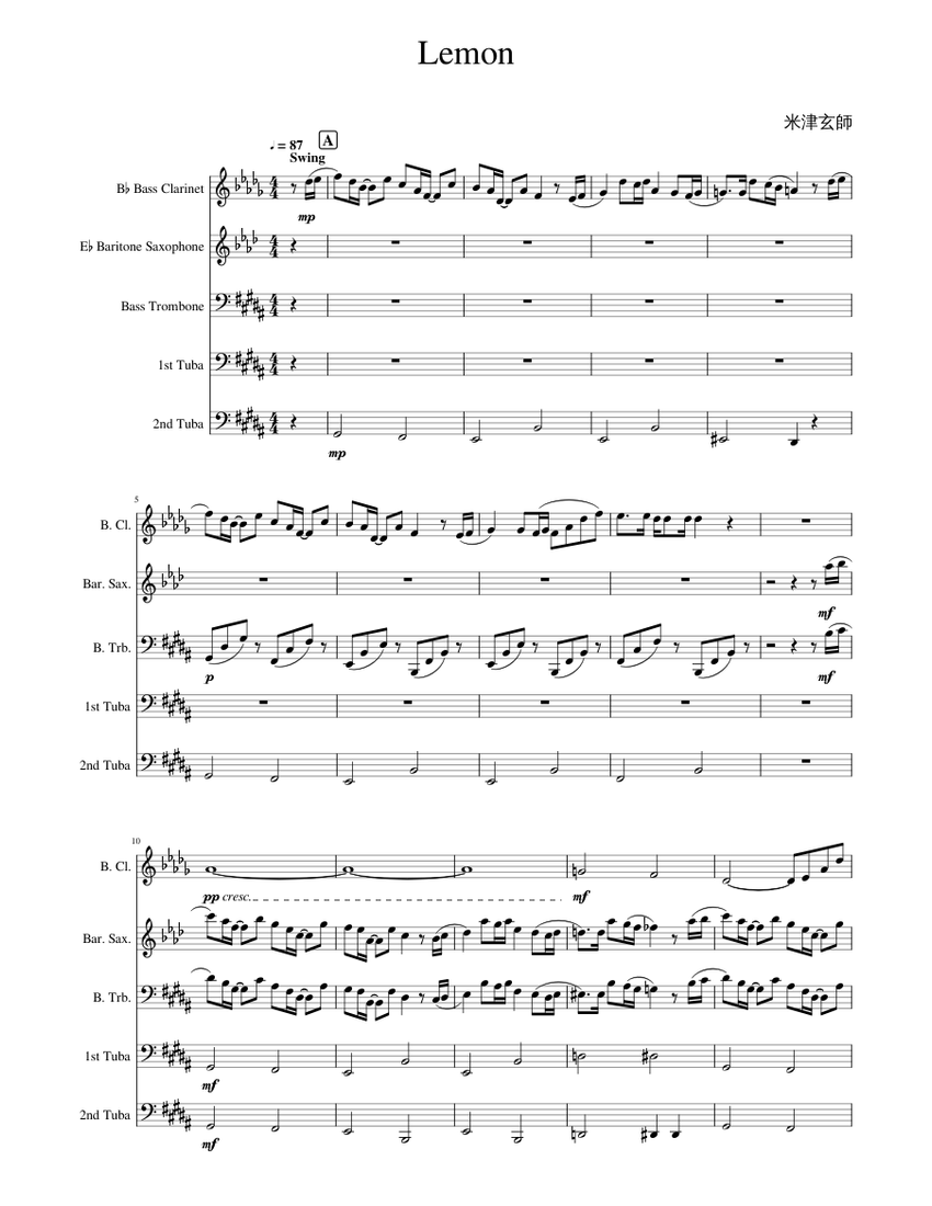 Lemon/米津玄師 Sheet Music for Tuba, Trombone bass, Clarinet bass ...