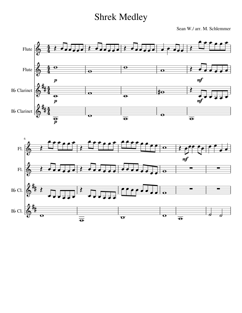 Shrek Medley Sheet Music for Flute, Clarinet in b-flat (Mixed Quartet ...