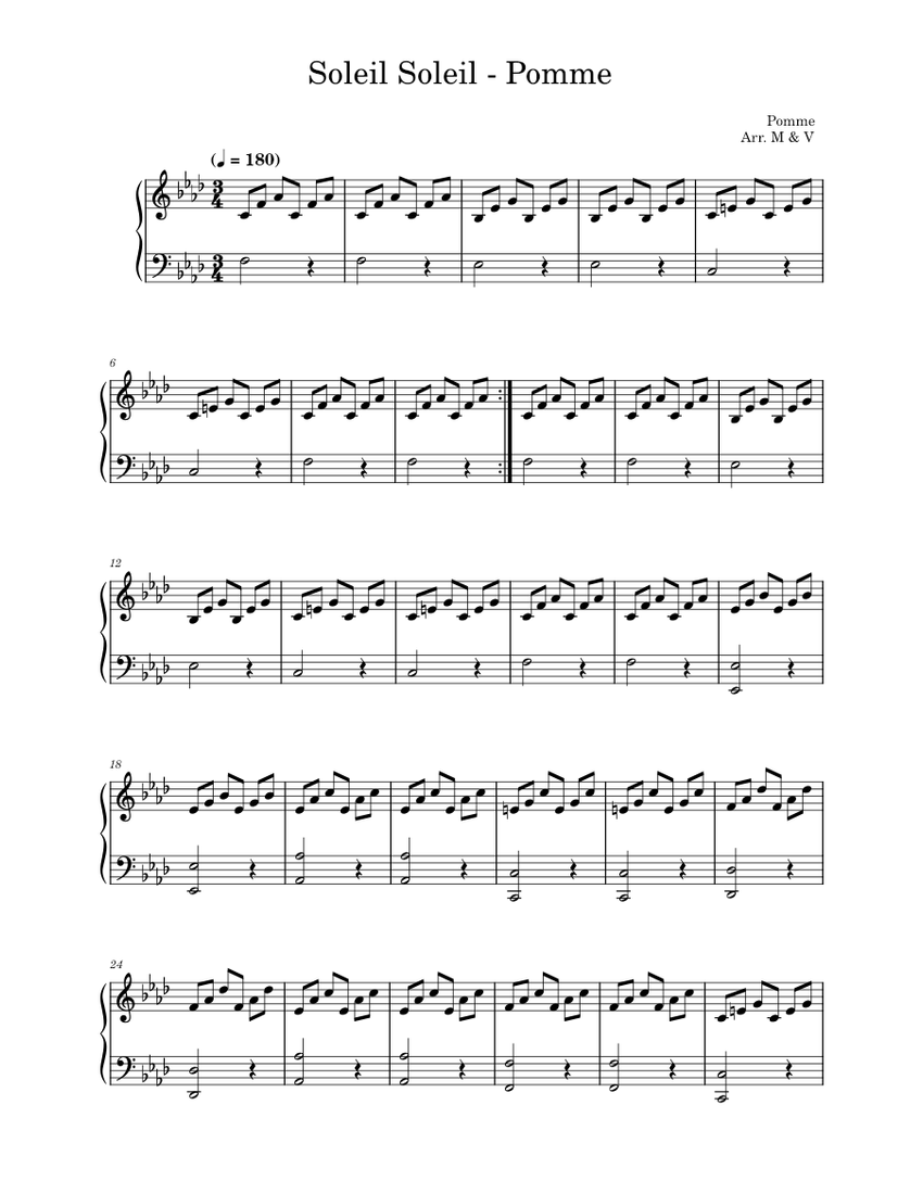 Soleil Soleil - Pomme Sheet Music for Piano (Solo) Easy | MuseScore.com