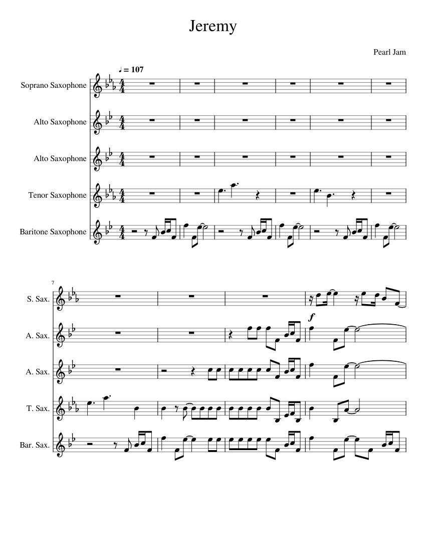 Jeremy - Pearl Jam Sheet Music for Saxophone alto, Saxophone tenor ...